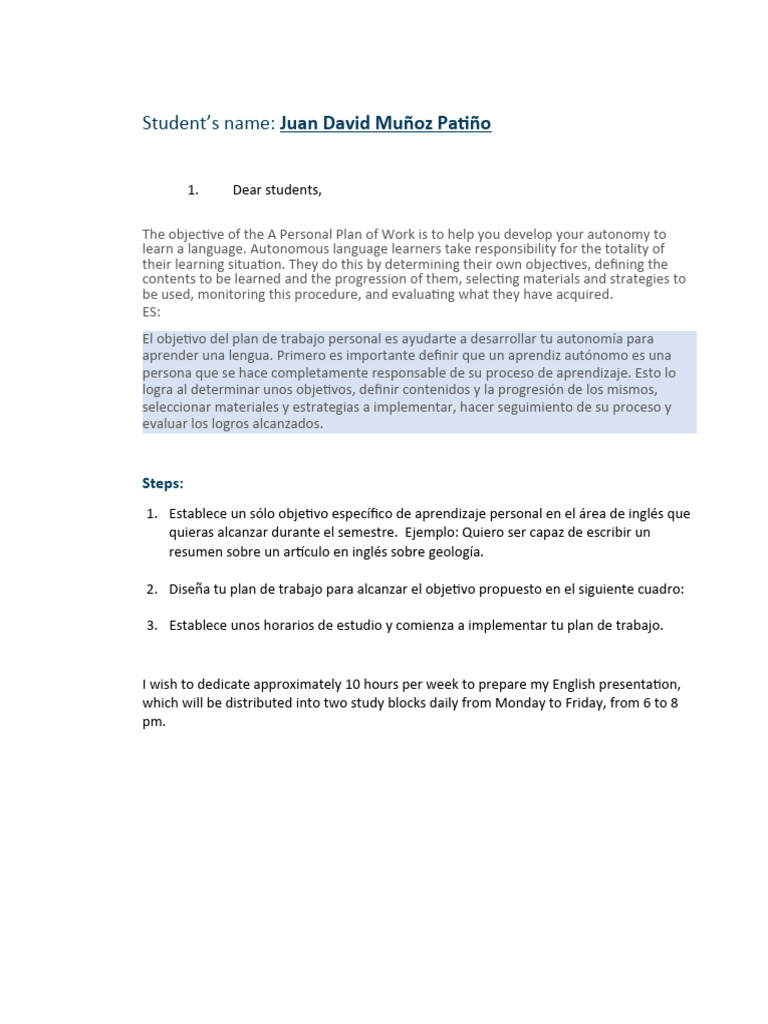 Personal Plan of Work - Report | PDF