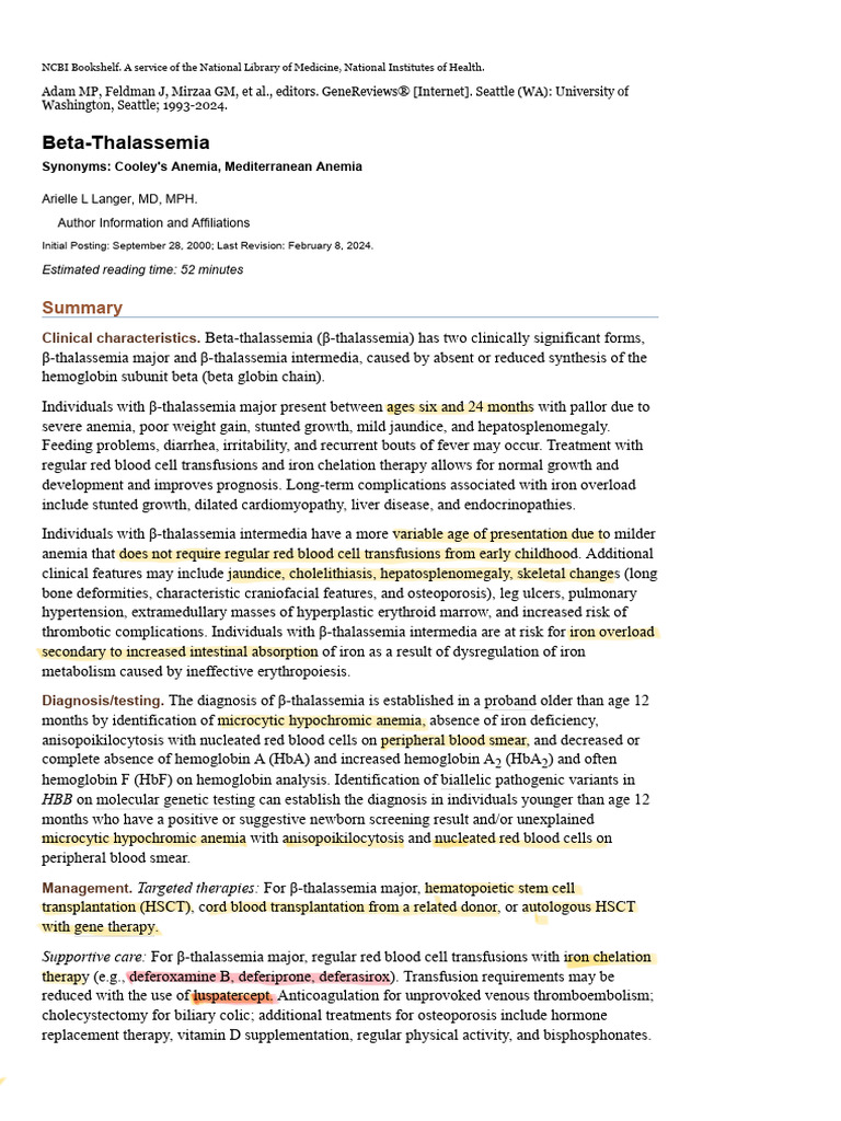 Beta-Thalassemia - GeneReviews® - NCBI Bookshelf | PDF