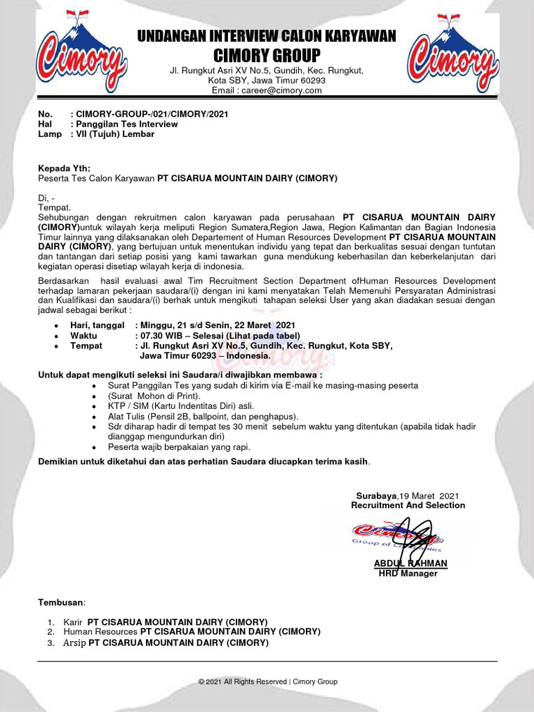 Undangan Interview PT. Cisarua Mountain Dairy (Cimory) | PDF