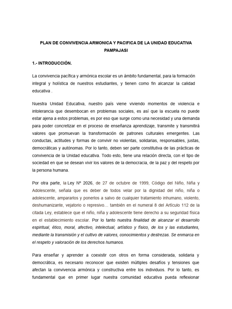 Plan de Convivencia Armonica y Pacifica de La Unidad Educativa Pampajasi | PDF | Violencia ...