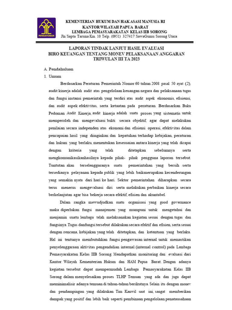 Laporan Tindak Lanjut Hasil Evaluasi Biro Keuangan Tentang Monev Pelaksanaan Anggaran Triwulan ...