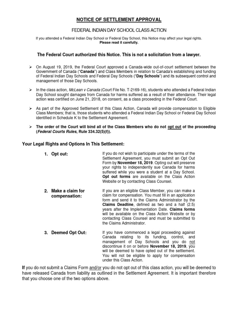 Notice of Settlement Approval Long Form | PDF | Settlement (Litigation ...