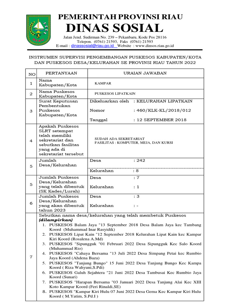 Instrumen Supervisi Puskesos SLRT Kabupaten Dan Puskesos Desa Tahun 2022 | PDF