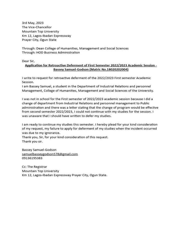 Deferment letter for 2022.2023 first semester copy | PDF