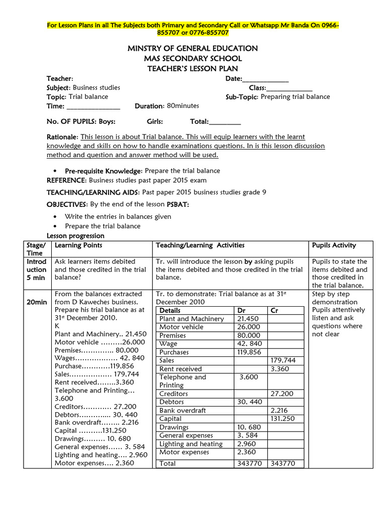 BUSINESS STUDIES G9 SAMPLE LESSON PLAN -BY MR BANDA 0966855707 | PDF ...