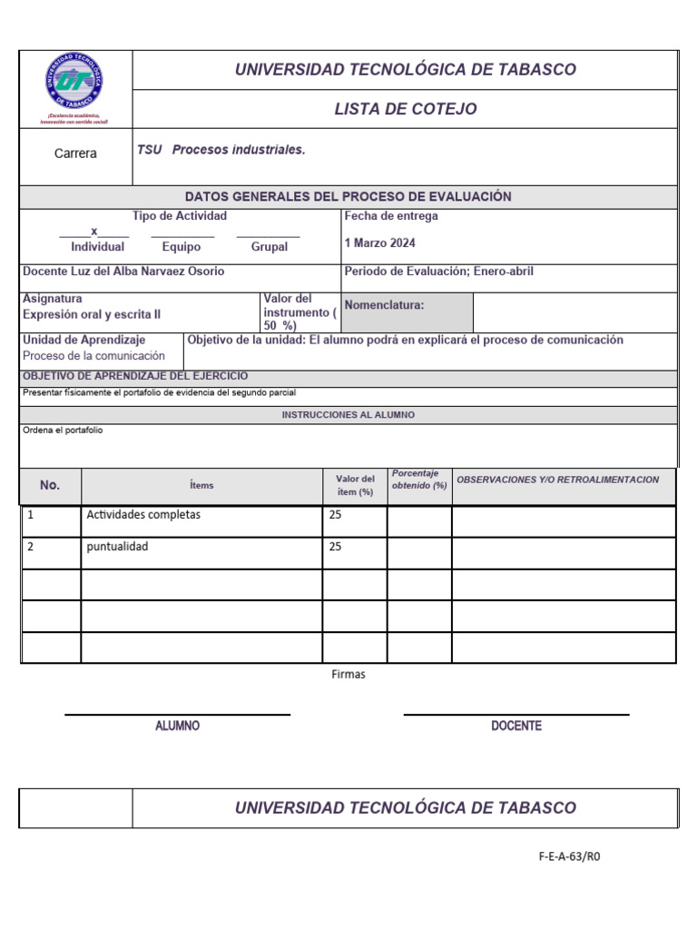 Lista de Cotejo 2024 Eoe II Portafolio | PDF