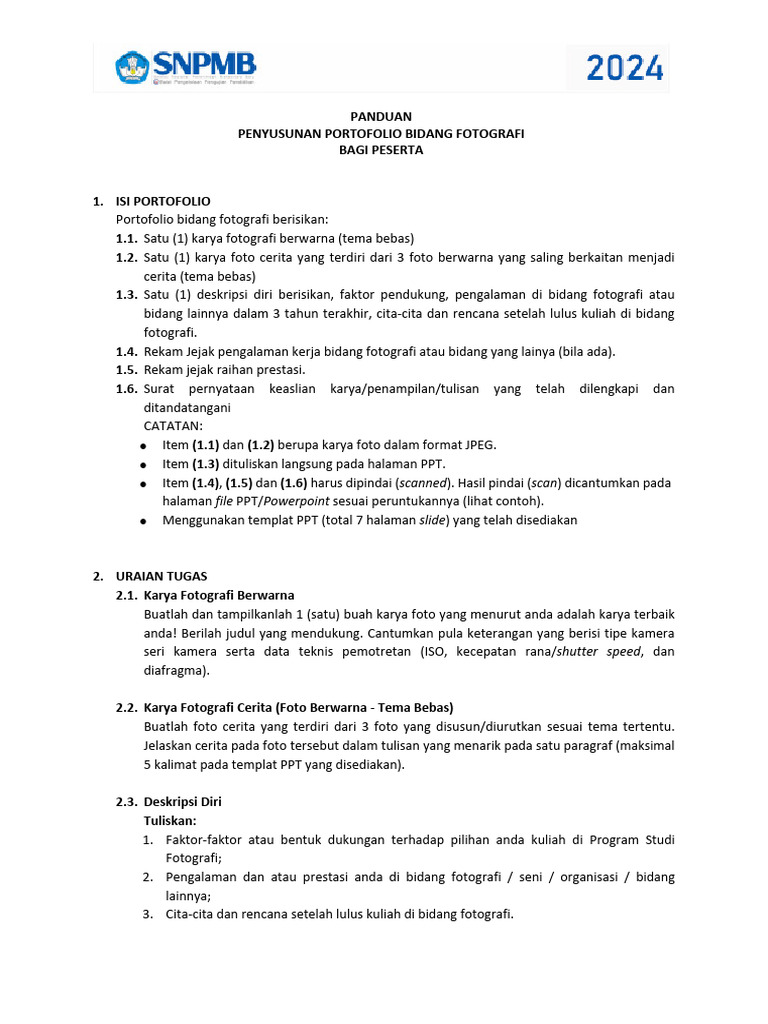 00 Panduan Porto Fotografi SNPMB 2024 | PDF
