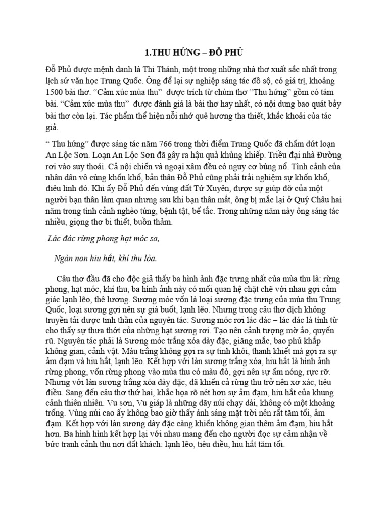 1.Thu Hứng - Đỗ Phủ: đác rừng phong hạt móc sa, ắt, khí thu lòa | PDF