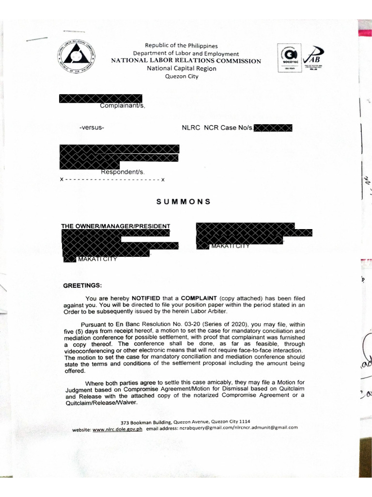 Sample NLRC Summon | PDF