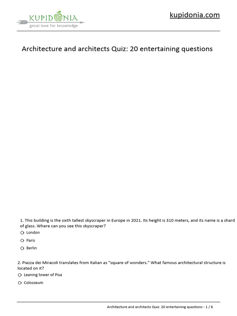 Architecture and Architects Quiz 20 Entertaining Questions | PDF