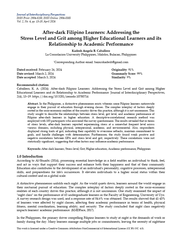 After-Dark Filipino Learners Addressing TheStress Level and Grit Among ...