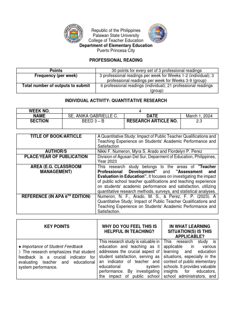 Se, Anika - Professional Reading 2.3 | PDF | Teachers | Job Satisfaction