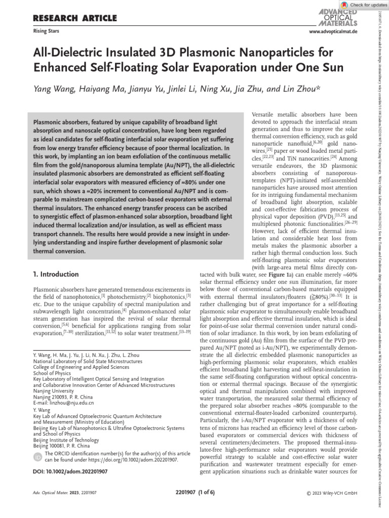 2023 AOM - All-Dielectric Insulated 3D Plasmonic Nanoparticles For Enhanced Self-Floating Solar ...