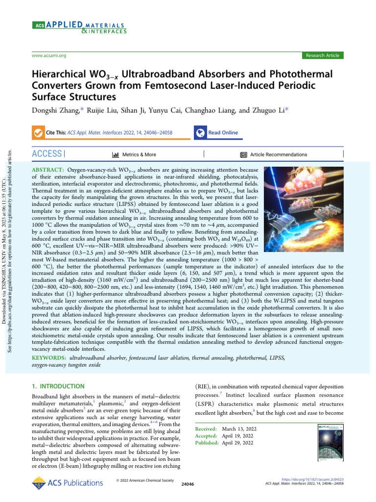 Hierarchical WO Ultrabroadband Absorbers and Photothermal Converters Grown From Femtosecond ...