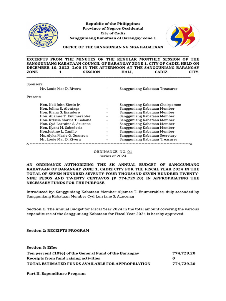 SK Ordinance 001-2024 - Annual Budget | PDF