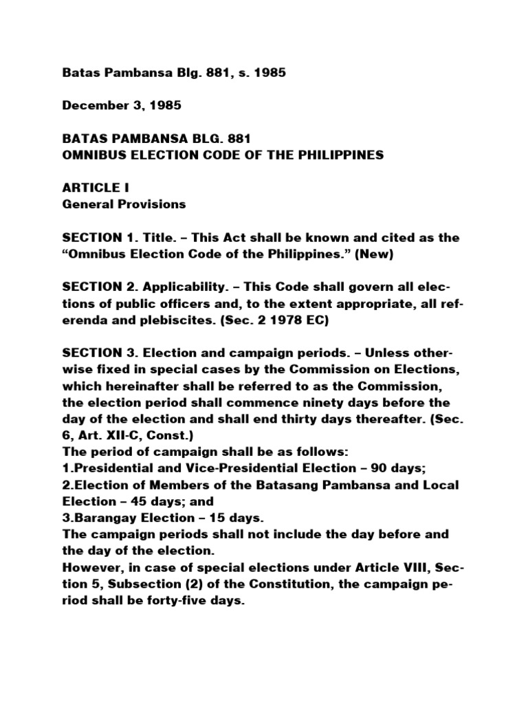 1 BP 881, S. 1985-Omnibus Election Code of The Philippines | PDF