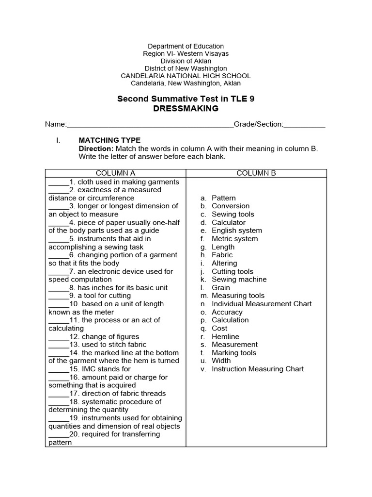 2nd Quarter Exam TLE 9 | PDF | Sewing | Textiles