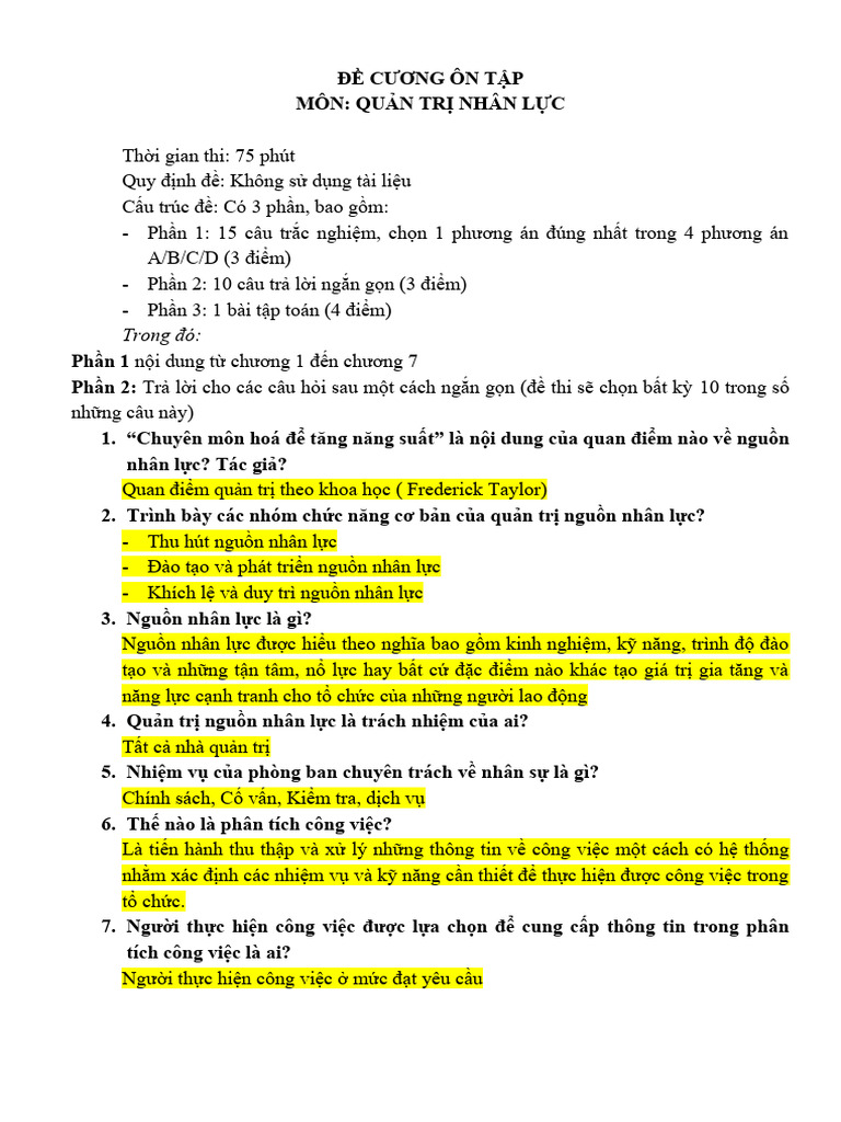 2023 Đề Cương Ôn Tập HRM 301 | PDF