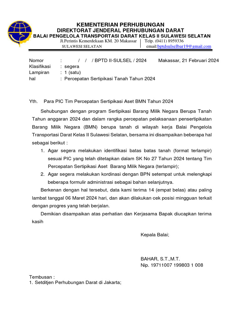Surat Penyampaian Kelengkapan Data Dukung Batas Batas Tanah | PDF