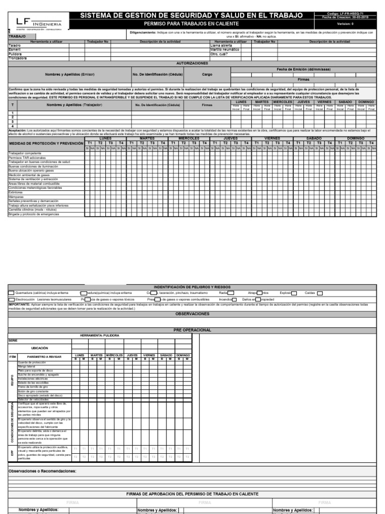 Lf-Fr-Hseq-71 Permiso de Trabajo en Caliente | PDF