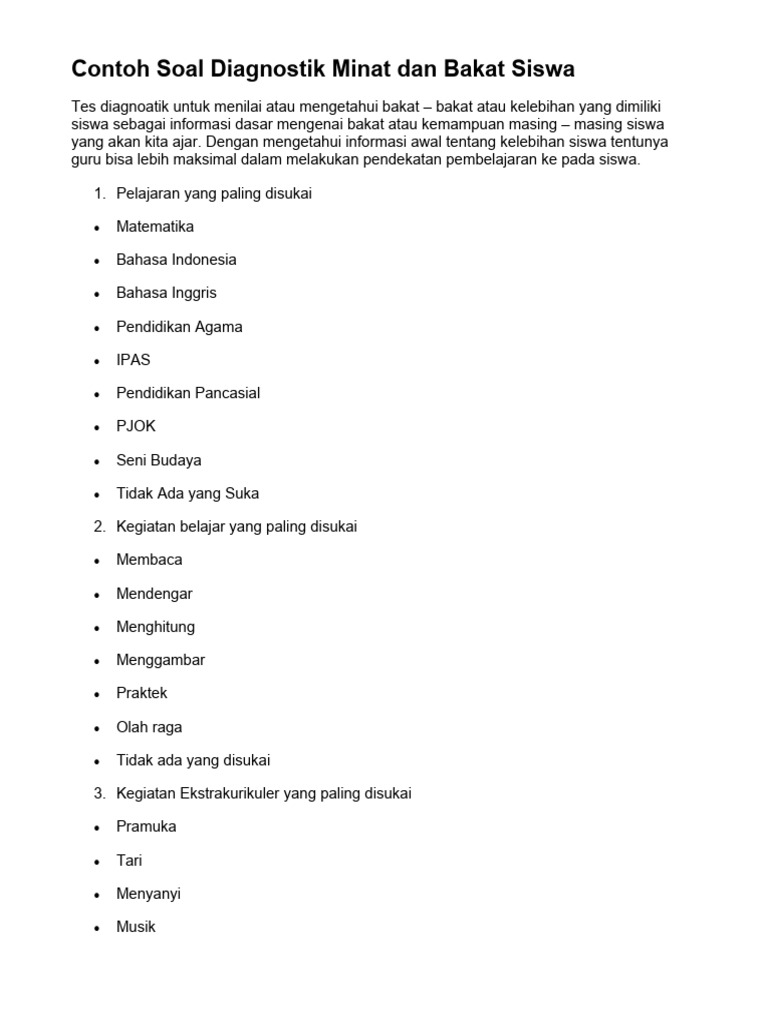 Contoh Soal Diagnostik Minat Dan Bakat Siswa | PDF