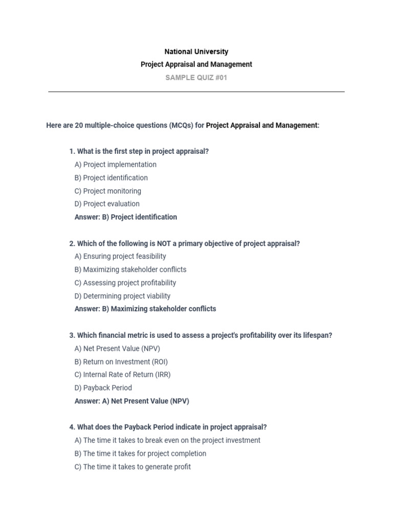 Project Appraisal Quiz MCQs | PDF | Business