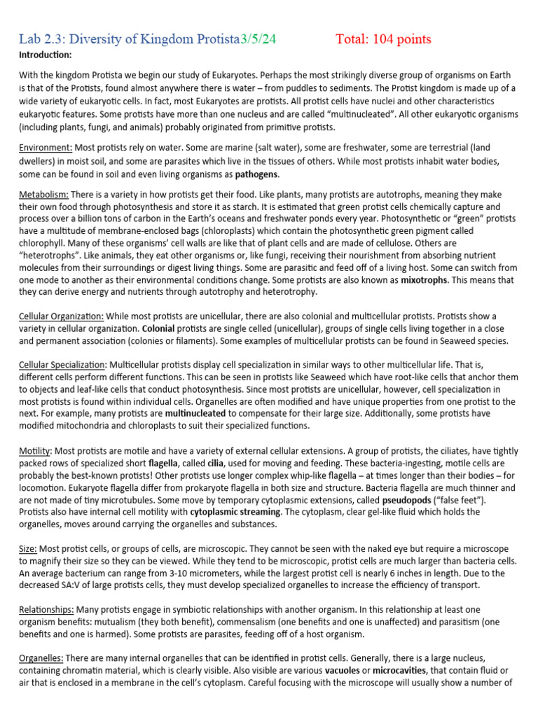 Lab 2.3 - Protist Diversity (Specimens) | PDF | Cell (Biology) | Eukaryotes