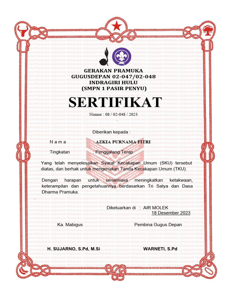 Piagam SKU Penggalang Terap | PDF