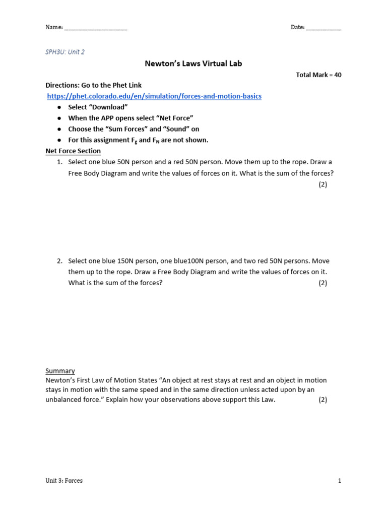 6 SPH3U PHET FBD and Newton's Laws with friction Virtual Lab | PDF ...