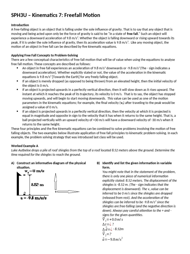 SPH3U - Kinematics 7: Freefall Motion | PDF | Kinematics | Acceleration