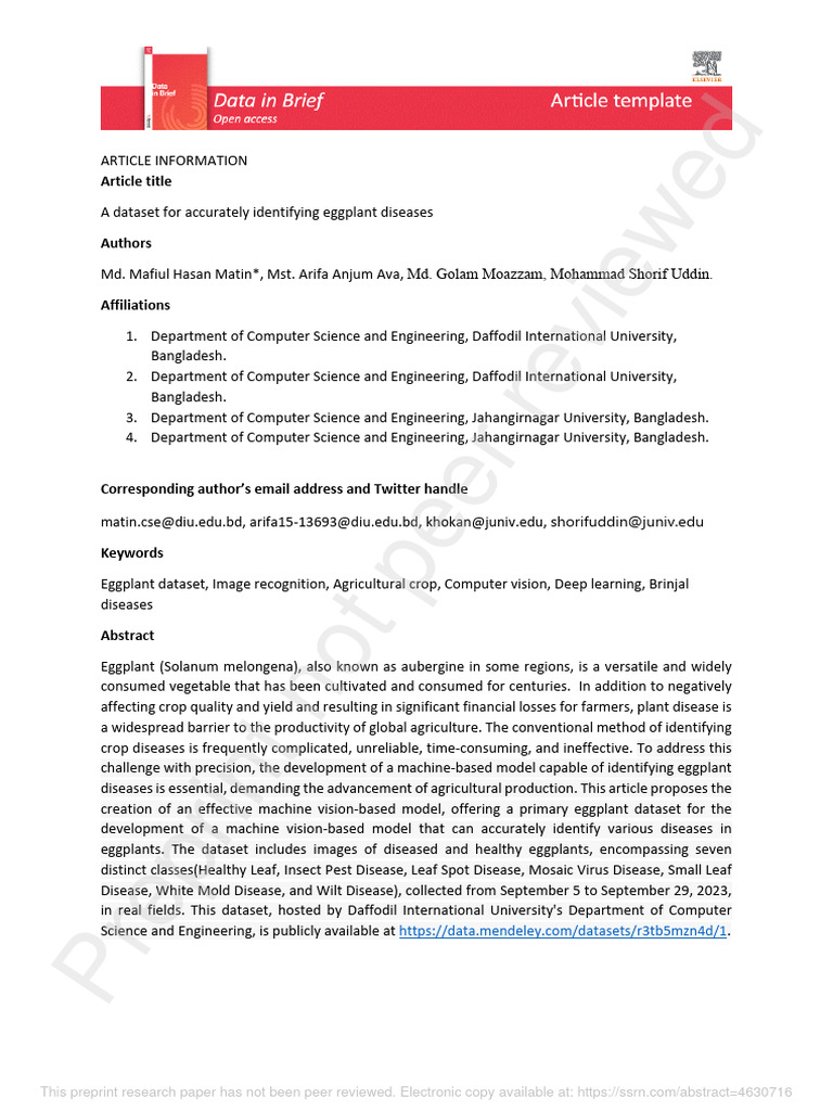 Eggplant Disease Identification Dataset | PDF