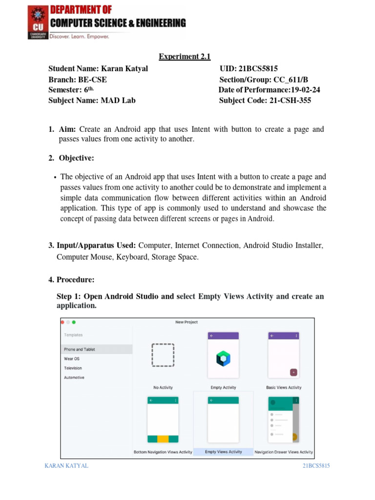 Elect Empty Views Activity and Create An Application.: Karan Katyal 21BCS5815 | PDF