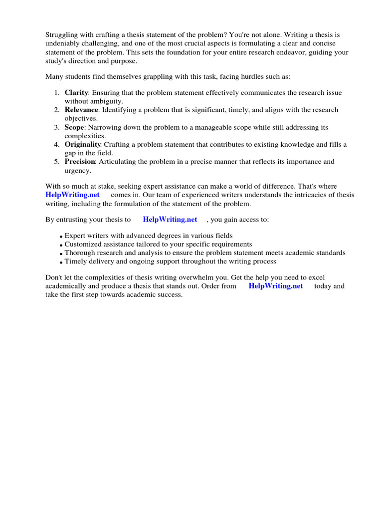 Example of Statement of the Problem in Thesis Writing | PDF