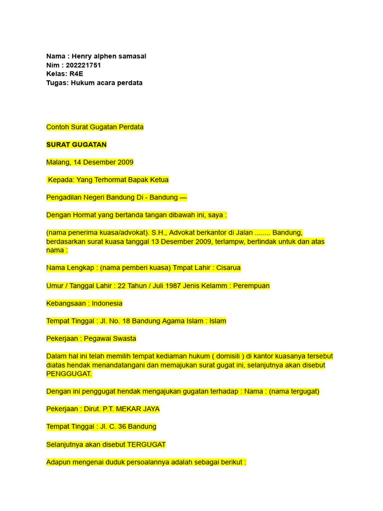 Contoh Surat Gugatan Dan Permohonan | PDF