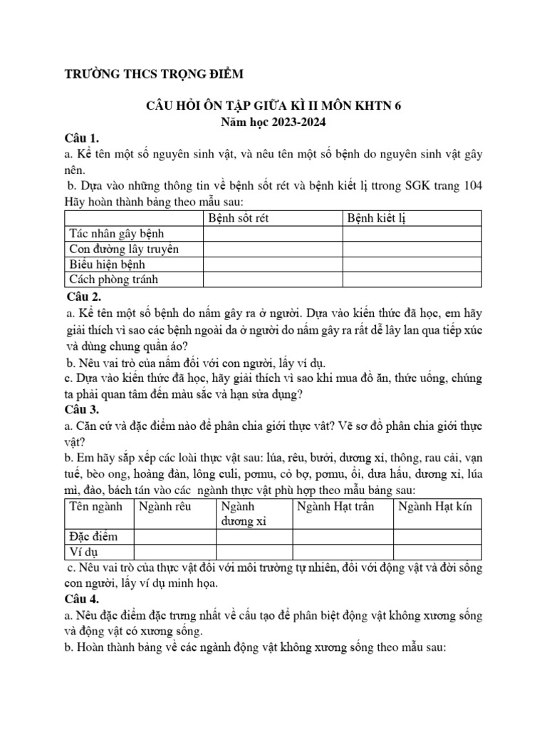 KHTN 6 - Ôn tập GK2 | PDF