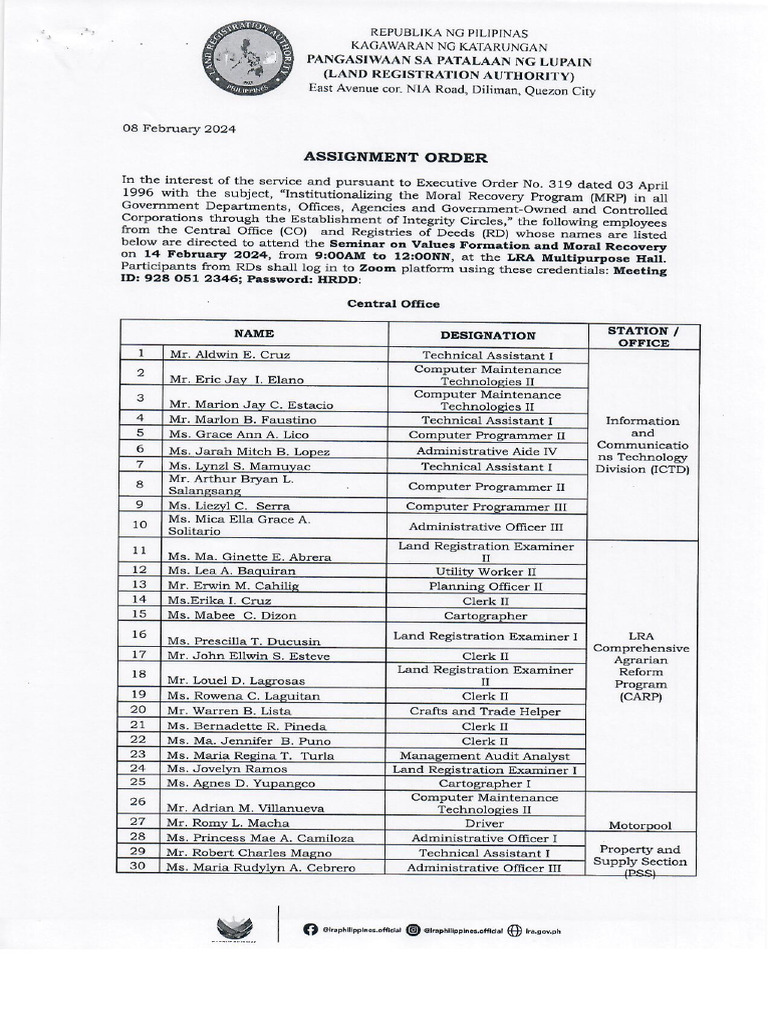 ASSIGNMENT ORDER - SEMINAR ON VALUES FORMATION AND MORAL RECOVERY | PDF