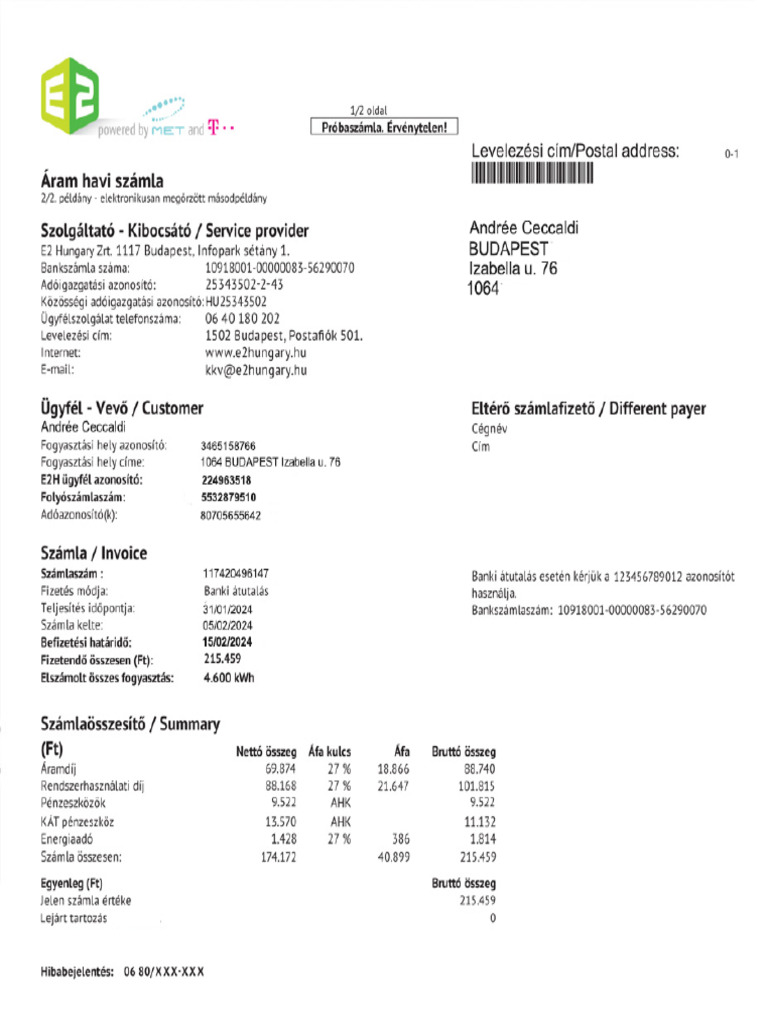 E2 Bill - Hungary | PDF
