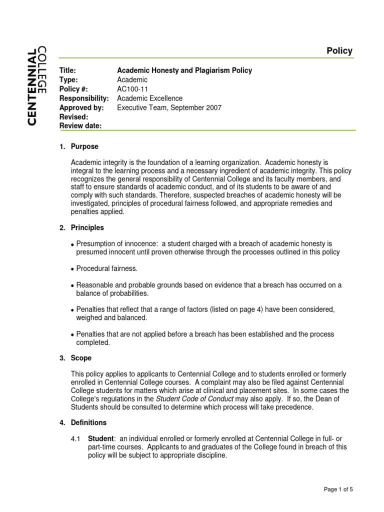 Centennial College Academic Integrity Policy | PDF