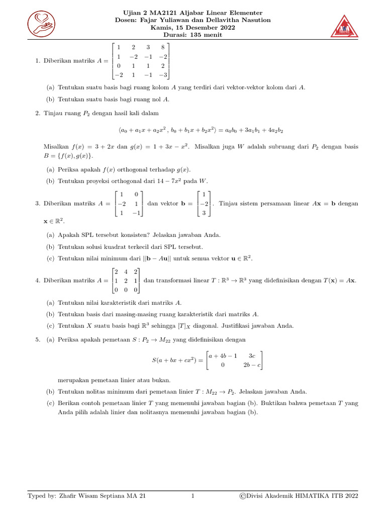 2022-2023 UAS Aljabar Linier Elementer | PDF