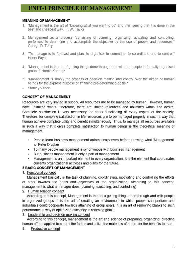 UNIT-1 - NOTES - Principle of Management | Download Free PDF ...