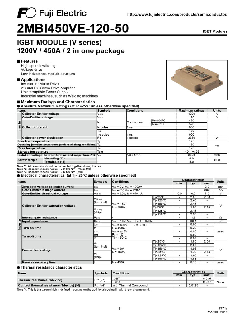2MBI450VE-120-50: IGBT MODULE (V Series) 1200V / 450A / 2 in One Package | PDF | Power Inverter ...