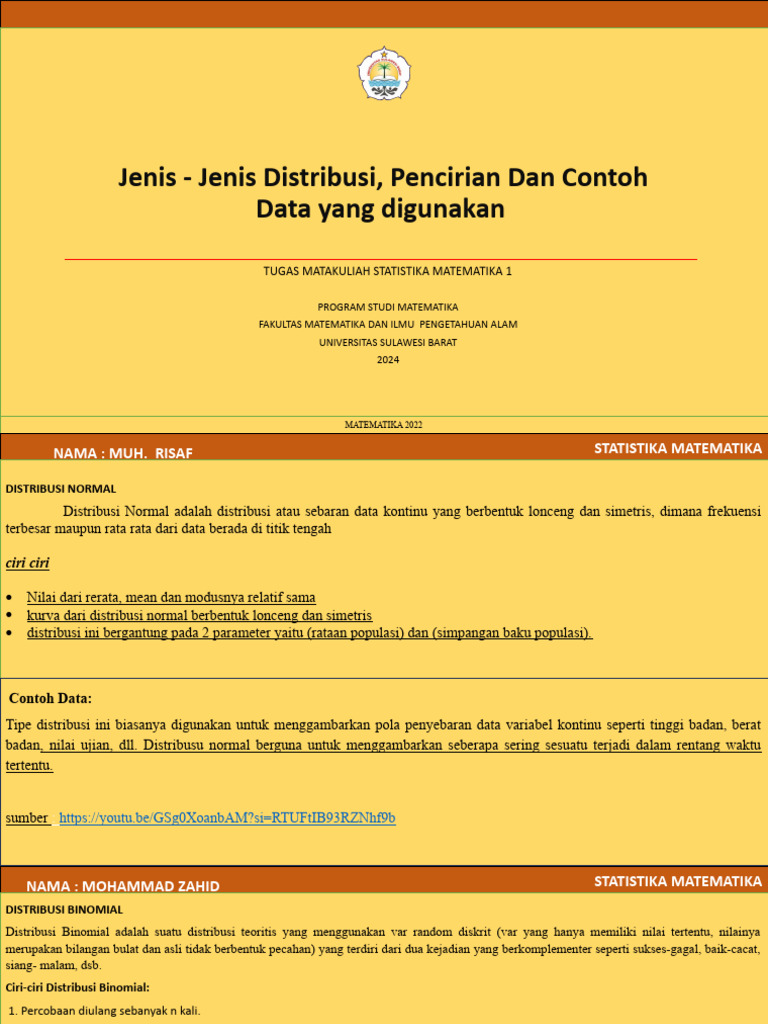 Jenis - Jenis Distribusi Pencirian Dan Contoh Data - Statistika Matematika | PDF