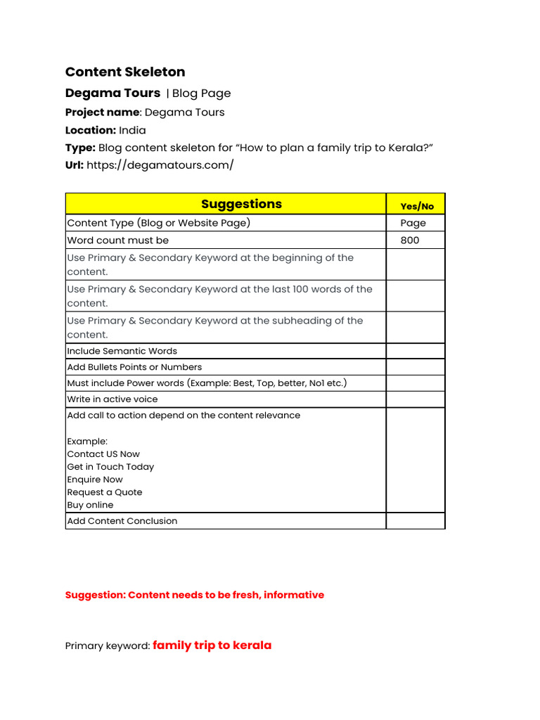 Blog Content Skeleton For How To Plan A Family Trip To Kerala | PDF | Search Engine Optimization