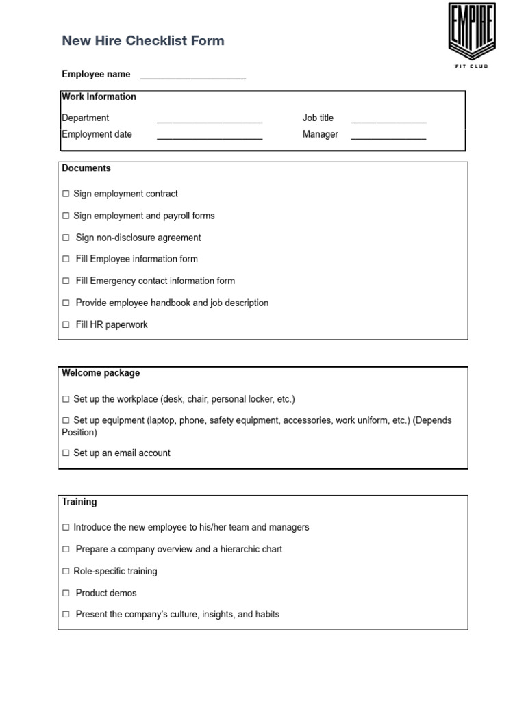 New Hire Checklist Form - Empire | PDF