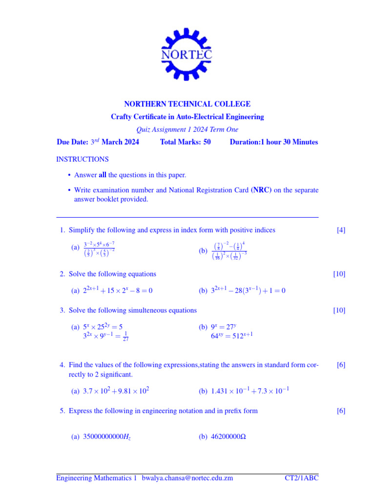 Engineering Mathematics Assignment One Term One 2024 | PDF