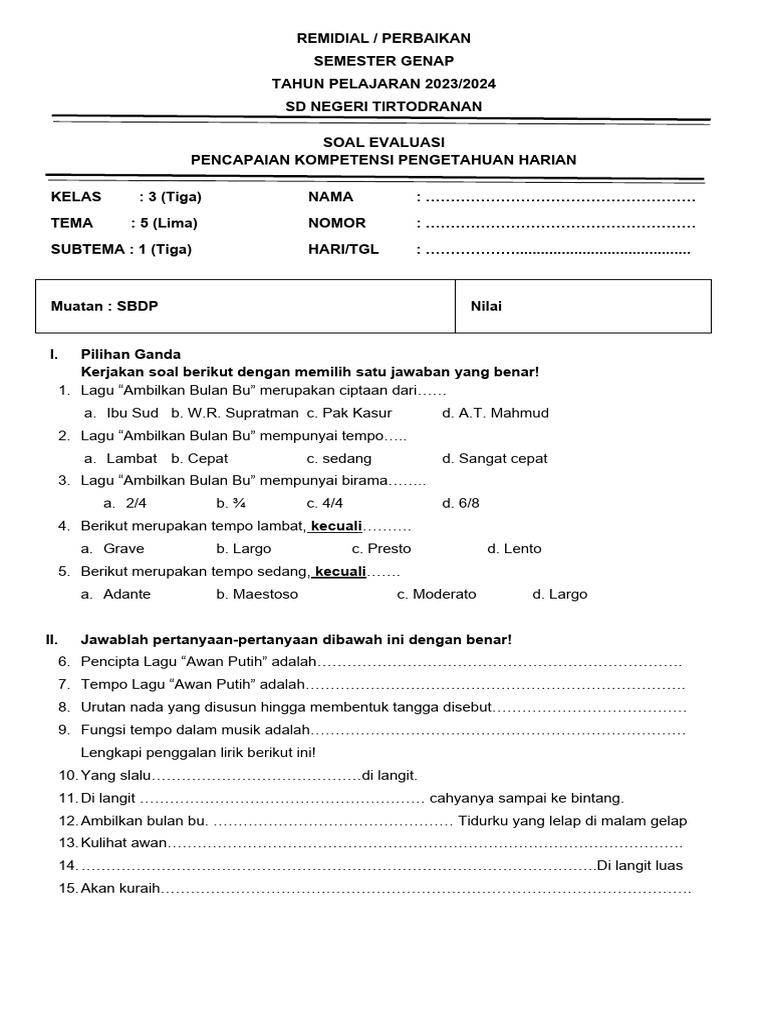 Ulangan Tema 5 Subtema 1 SBDP | PDF | Seni & Disiplin Bahasa | Kajian Bahasa Asing