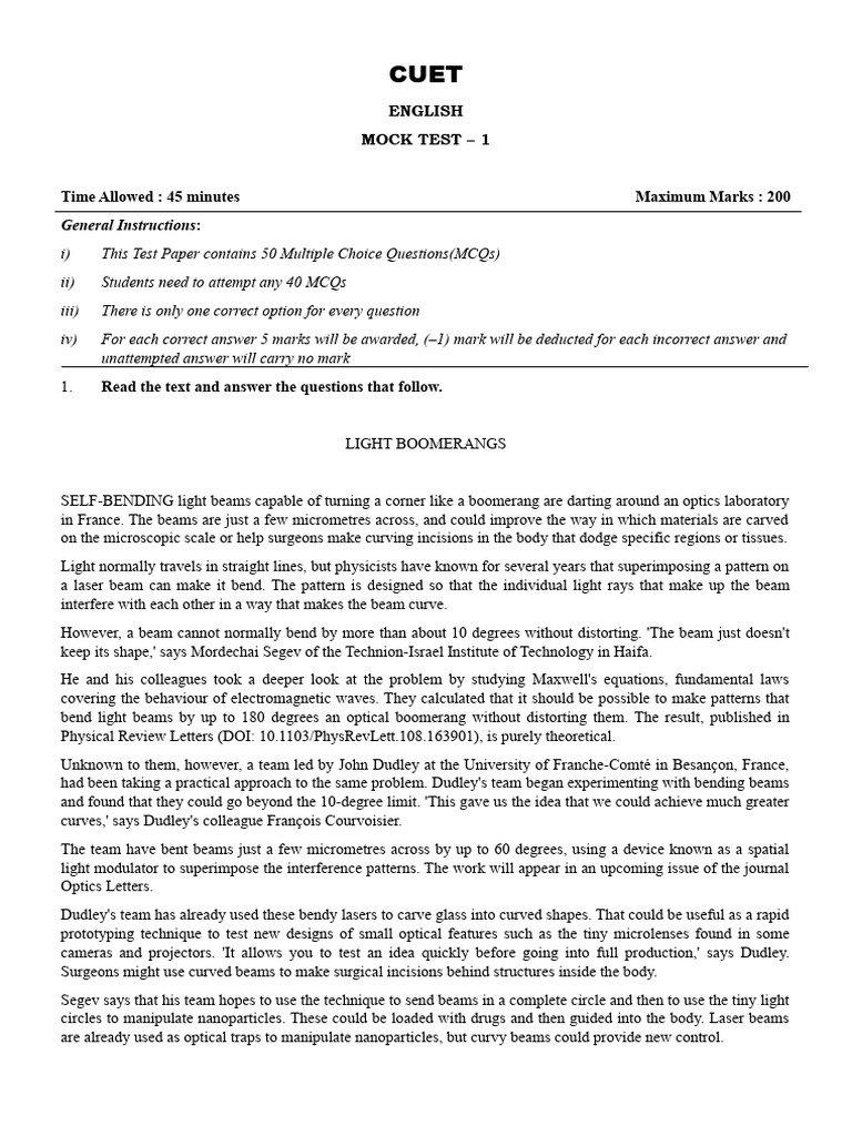 CUET English Mock Test Paper 1 | PDF | Teaching Methods & Materials ...