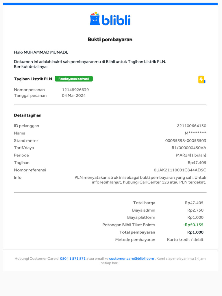 Blibli Invoice Tagihan Listrik PLN 12148926639 | PDF