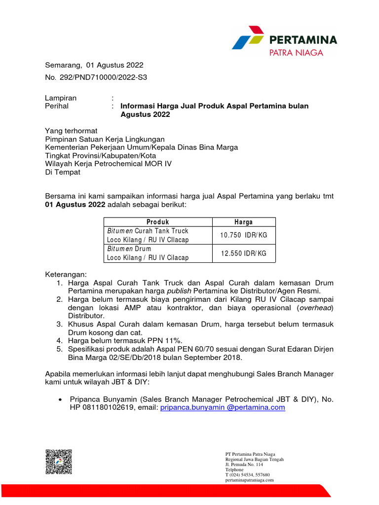 Harga Jual Aspal Pertamina Agustus 2022 | PDF