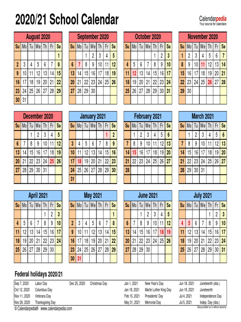 School Calendar 2020 2021 Landscape Year at A Glance | PDF | Observances | Federalism